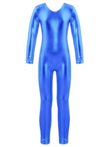 easyforever kids girls one piece long sleeves full body footless gymnastics ballet dance leotard jumpsuit royal blue shiny metallic 4 years