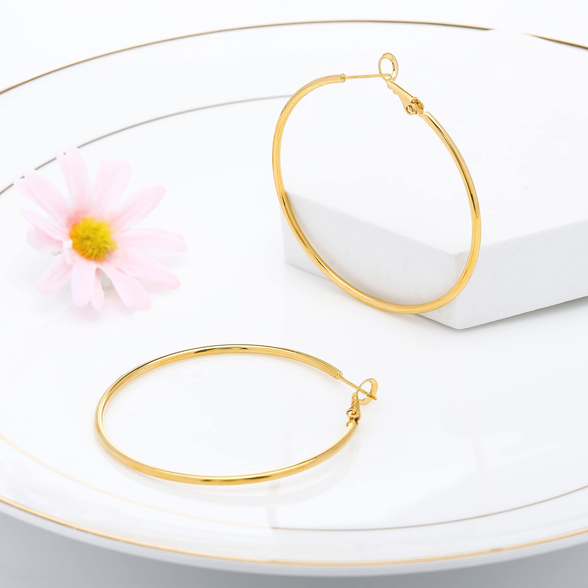 Gacimy Large Gold Hoop Earrings 14K Real Gold Plated, 925 Sterling Silver Post Gold hoops , 50mm Yellow Gold Big Earrings for Women