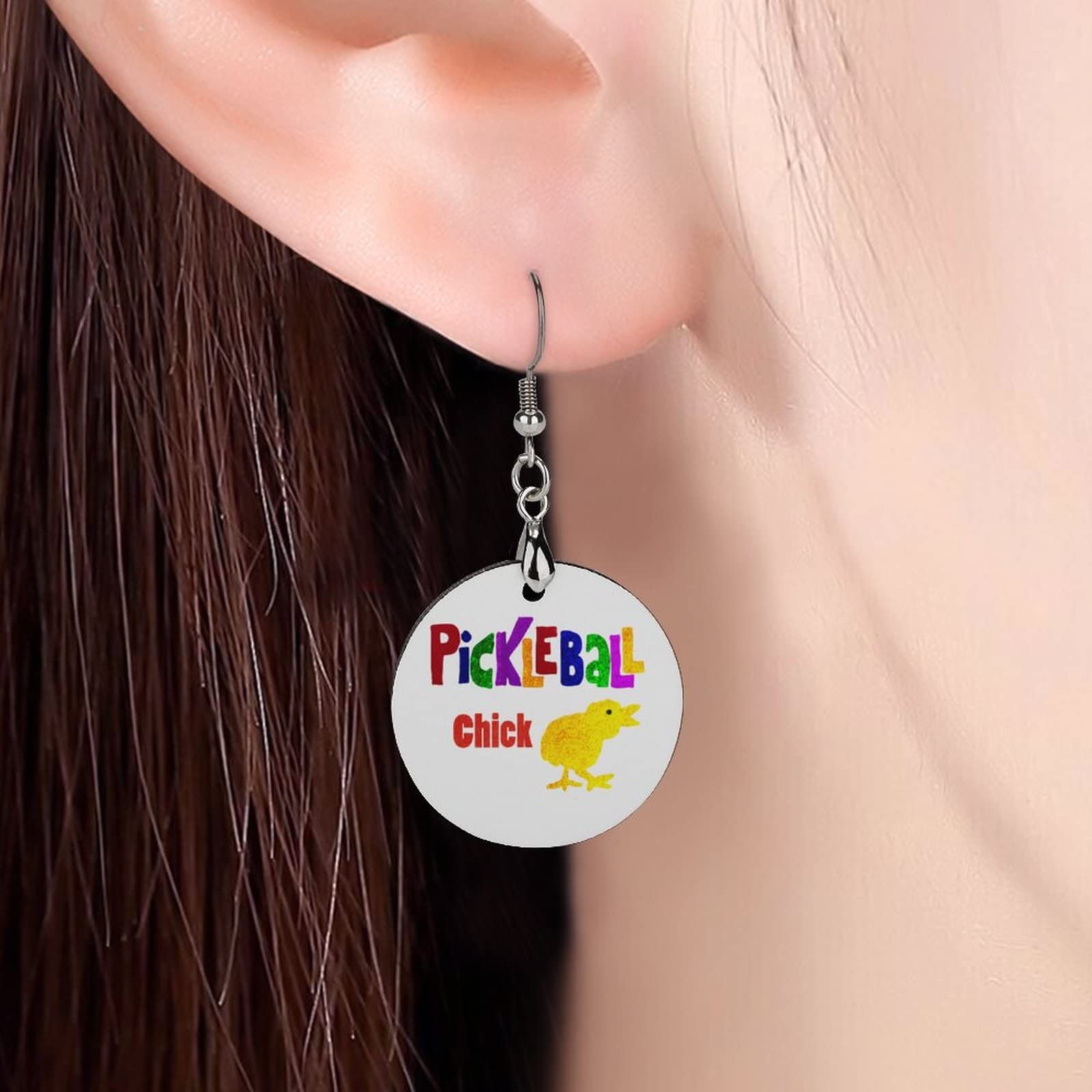 Funny Pickleball Chick Art Wooden Earrings Round Pendant Retro Dangle for Women Earrings Jewelry Craft Project