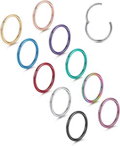 besteel 10 pcs 16g 18g hinged clicker nose rings helix cartilage daith hoop earrings for women men septum tragus sleeper conch piercing earring set 8-12mm