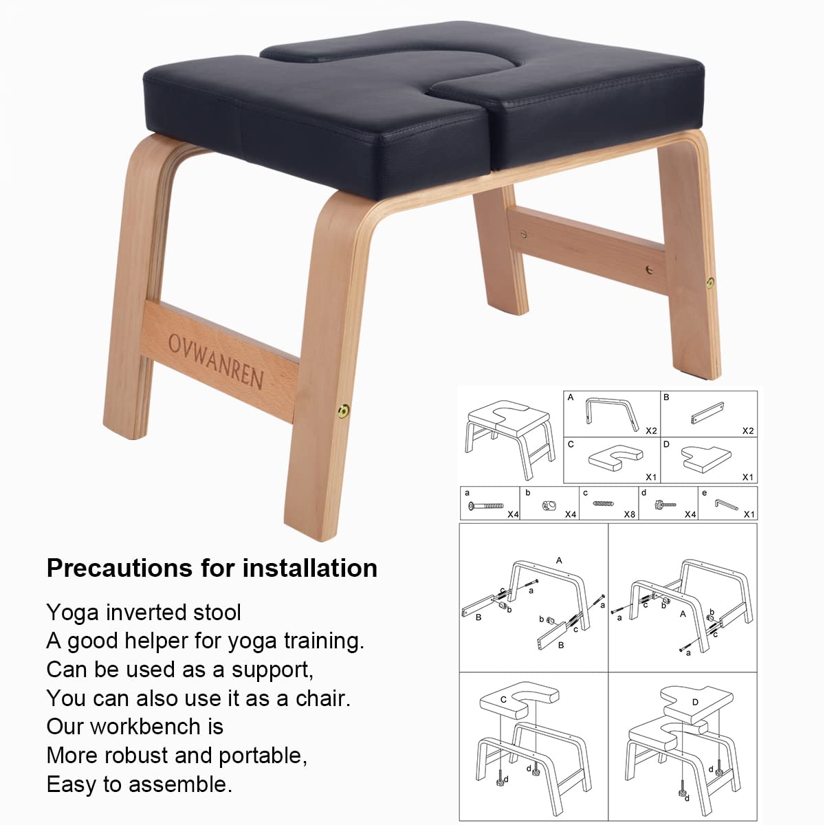 ovwanren Yoga Headstand Bench- Stand Yoga Chair for Family, Gym - Wood and PU Pads - Relieve Fatigue and Build Up Body (Black)