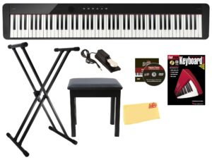 casio privia px-s1100 digital piano bundle with adjustable stand, bench, sustain pedal, instructional book, dvd, online piano lessons, and polishing cloth - black