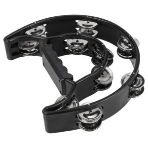 SINJEUN 4 Pack 10 Inch Black Double Row Tambourine, Half Moon Musical Tambourine, Metal Jingles Hand Held Percussion with Ergonomic Handle for Beginner, KTV, Party