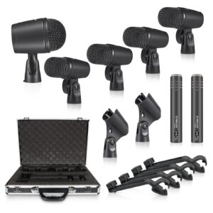 phenyx pro drum microphone kit, drum mics 7-pieces, full metal wired dynamic drum mic set for bass/tom/snare/hi-hat cymbals, with carrying case + mic holder + thread drum mic clip (ptd-10)