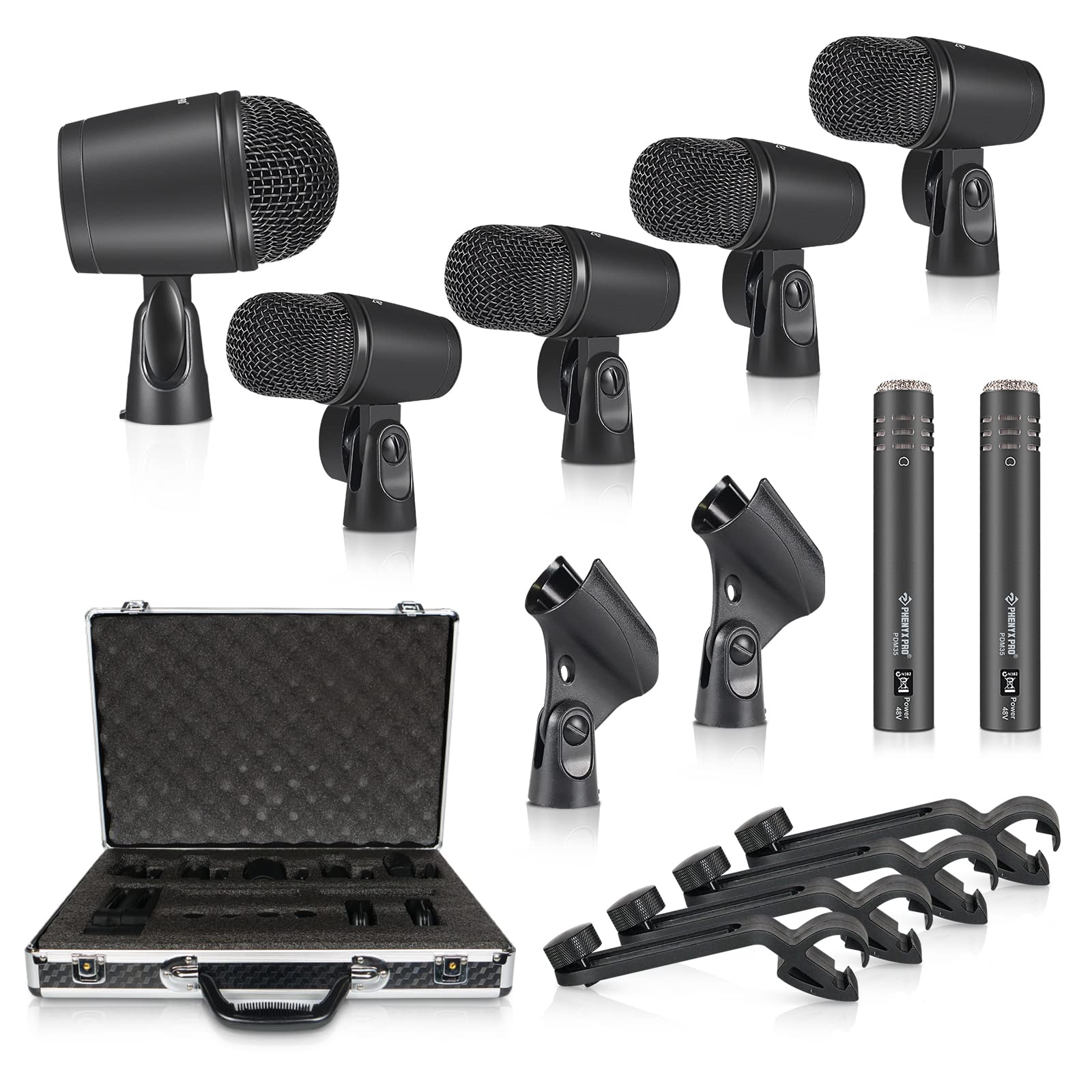 Phenyx Pro Drum Microphone Kit, Drum Mics 7-Pieces, Full Metal Wired Dynamic Drum Mic Set for Bass/Tom/Snare/Hi-hat Cymbals, with Carrying Case + Mic Holder + Thread Drum Mic Clip (PTD-10)