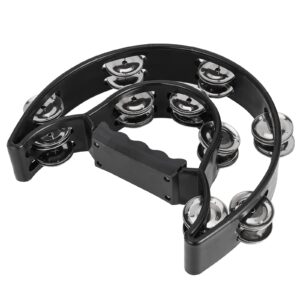 SINJEUN 4 Pack 10 Inch Black Double Row Tambourine, Half Moon Musical Tambourine, Metal Jingles Hand Held Percussion with Ergonomic Handle for Beginner, KTV, Party