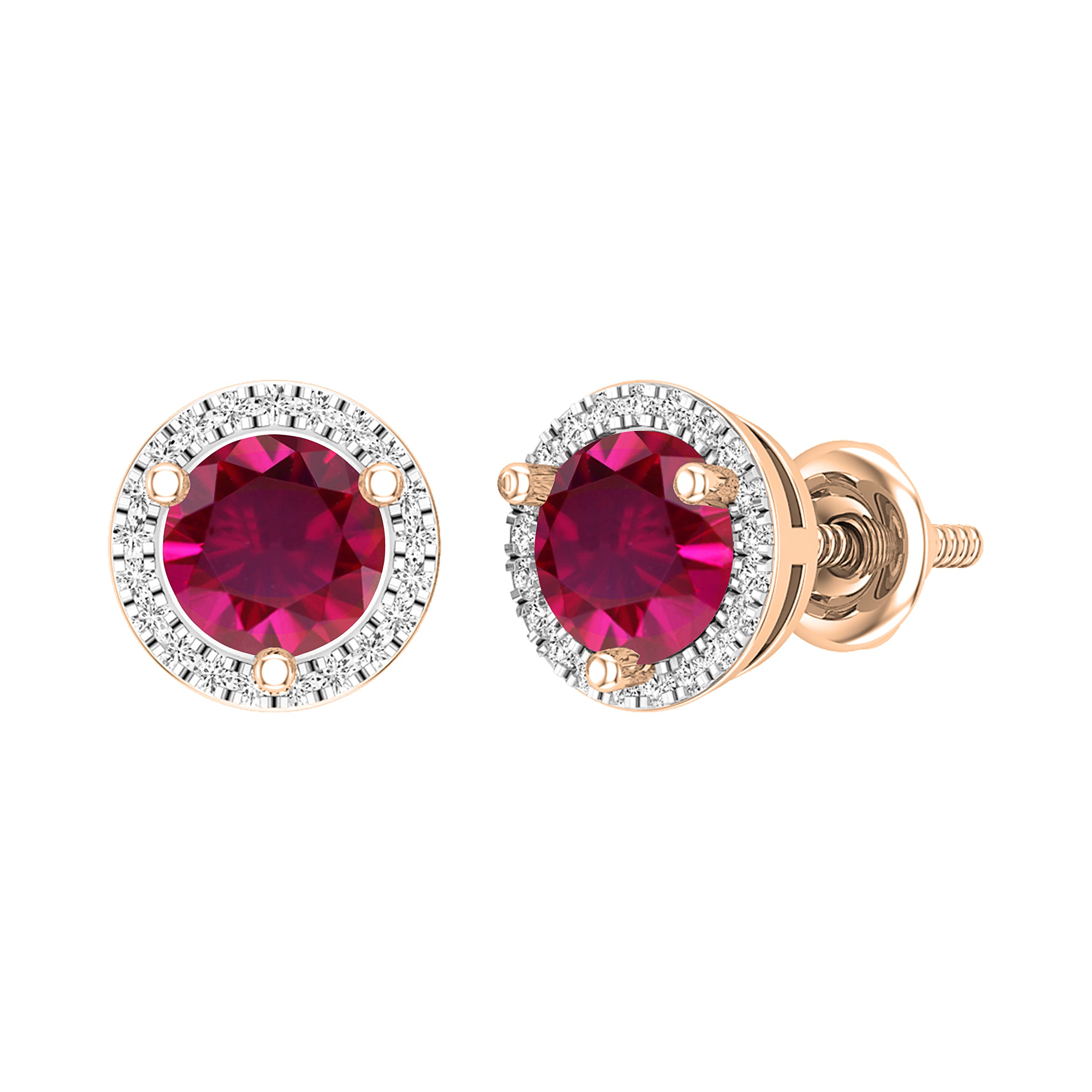 Dazzlingrock Collection 5mm Round Centre Lab Created Ruby & 0.12 Carat (ctw) Round White Diamond Halo Circle Stud Earrings for Women in 18K Rose Gold in Screw Back