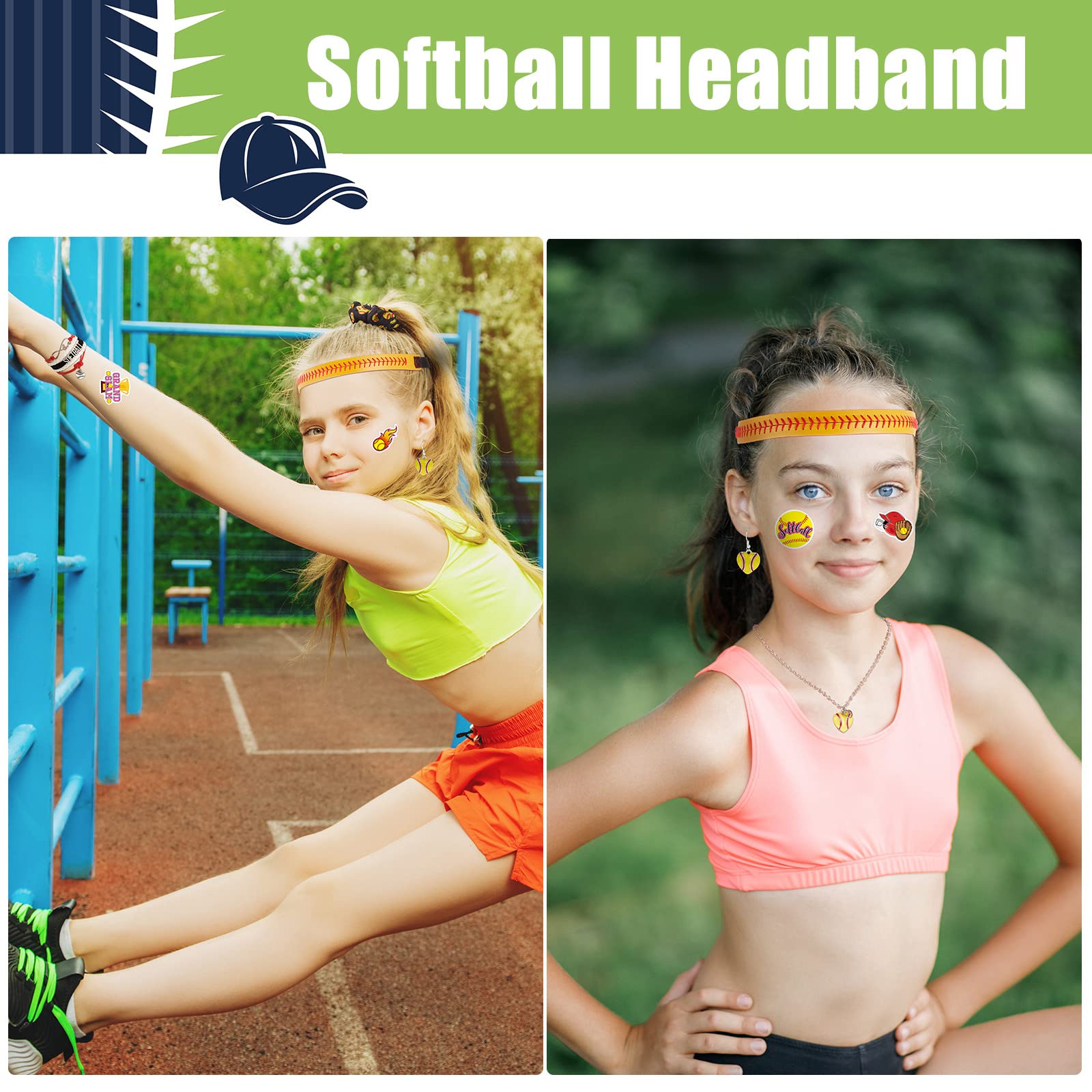 MTLEE 127 Pcs Softball Gifts for Girl Accessories Set Softball Headband Scrunchies Softball Bracelet Necklace Earrings Softball Drawstring Bag Makeup Bag Sports and 120 Pcs Stickers for Women Costume