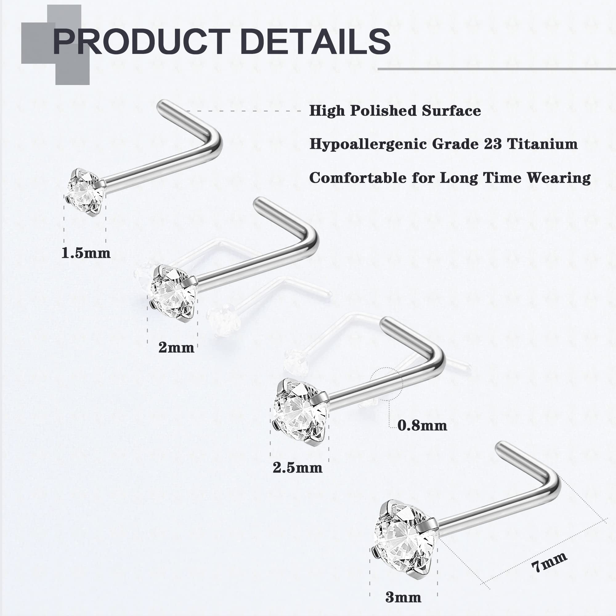 MILACOLATO 20G Titanium Nose Ring for Women Men 1.5mm 2mm 2.5mm 3mm CZ Nose Rings Studs L Shape Nostril Piercing Jewelry