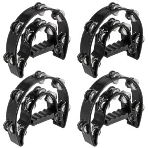 sinjeun 4 pack 10 inch black double row tambourine, half moon musical tambourine, metal jingles hand held percussion with ergonomic handle for beginner, ktv, party