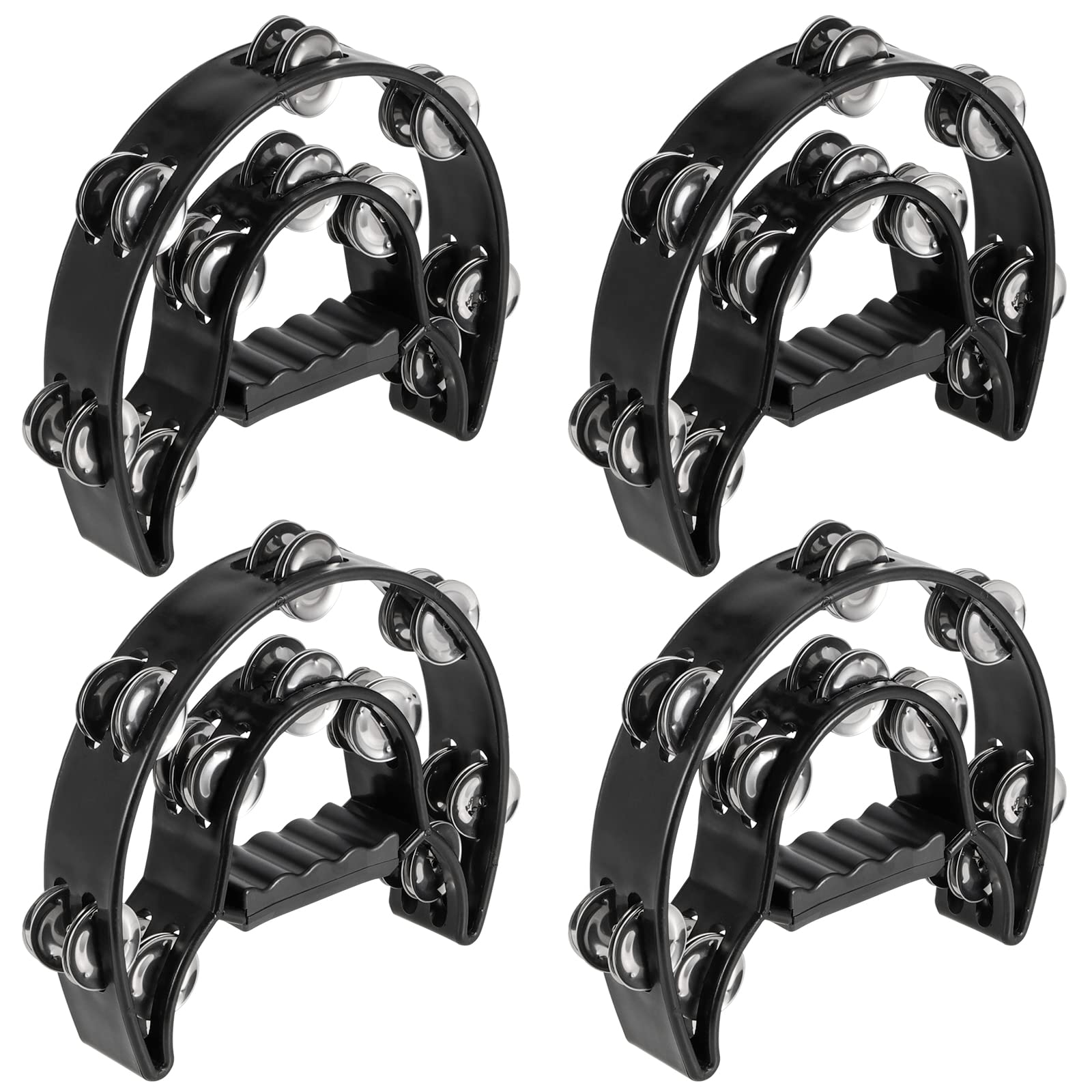 SINJEUN 4 Pack 10 Inch Black Double Row Tambourine, Half Moon Musical Tambourine, Metal Jingles Hand Held Percussion with Ergonomic Handle for Beginner, KTV, Party