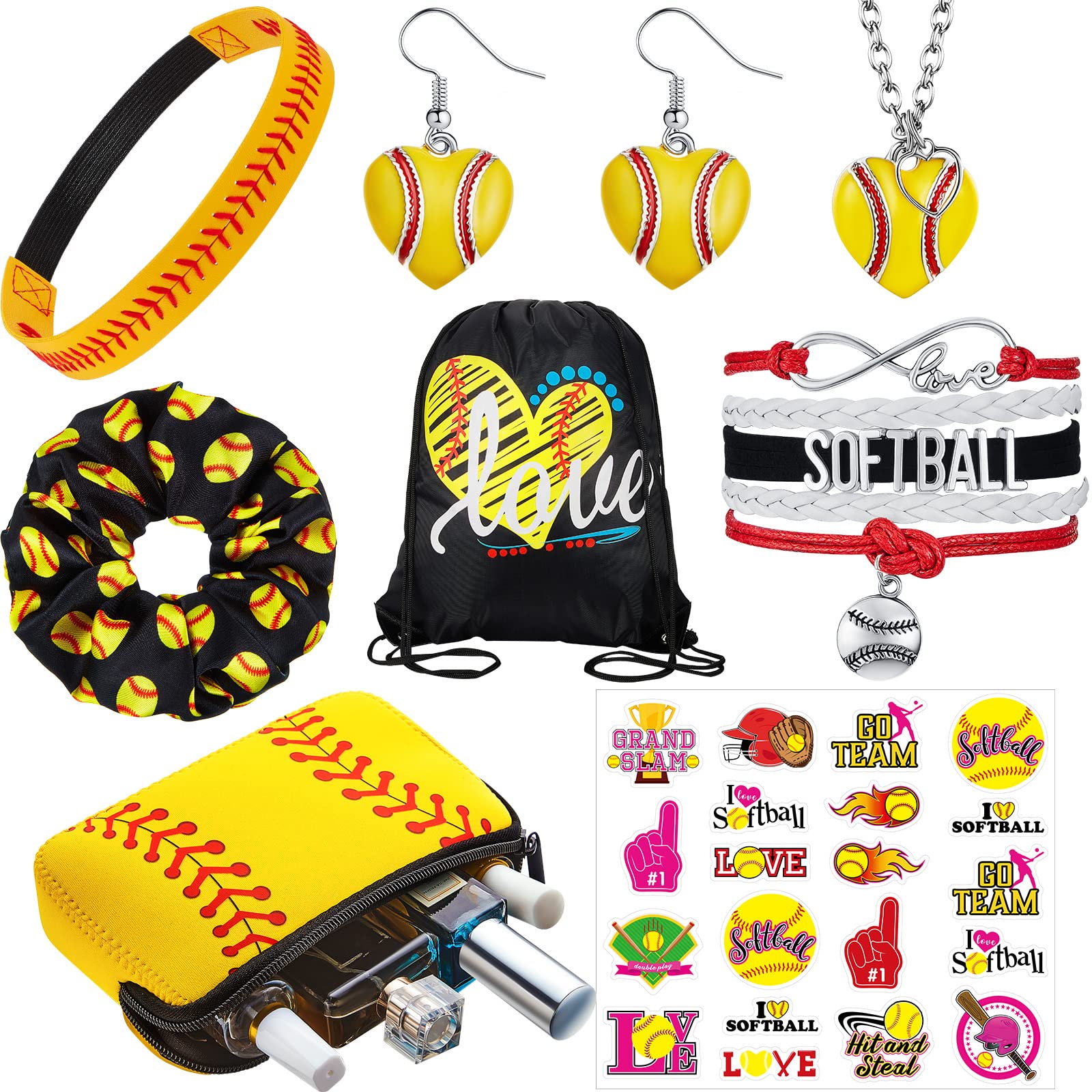 MTLEE 127 Pcs Softball Gifts for Girl Accessories Set Softball Headband Scrunchies Softball Bracelet Necklace Earrings Softball Drawstring Bag Makeup Bag Sports and 120 Pcs Stickers for Women Costume