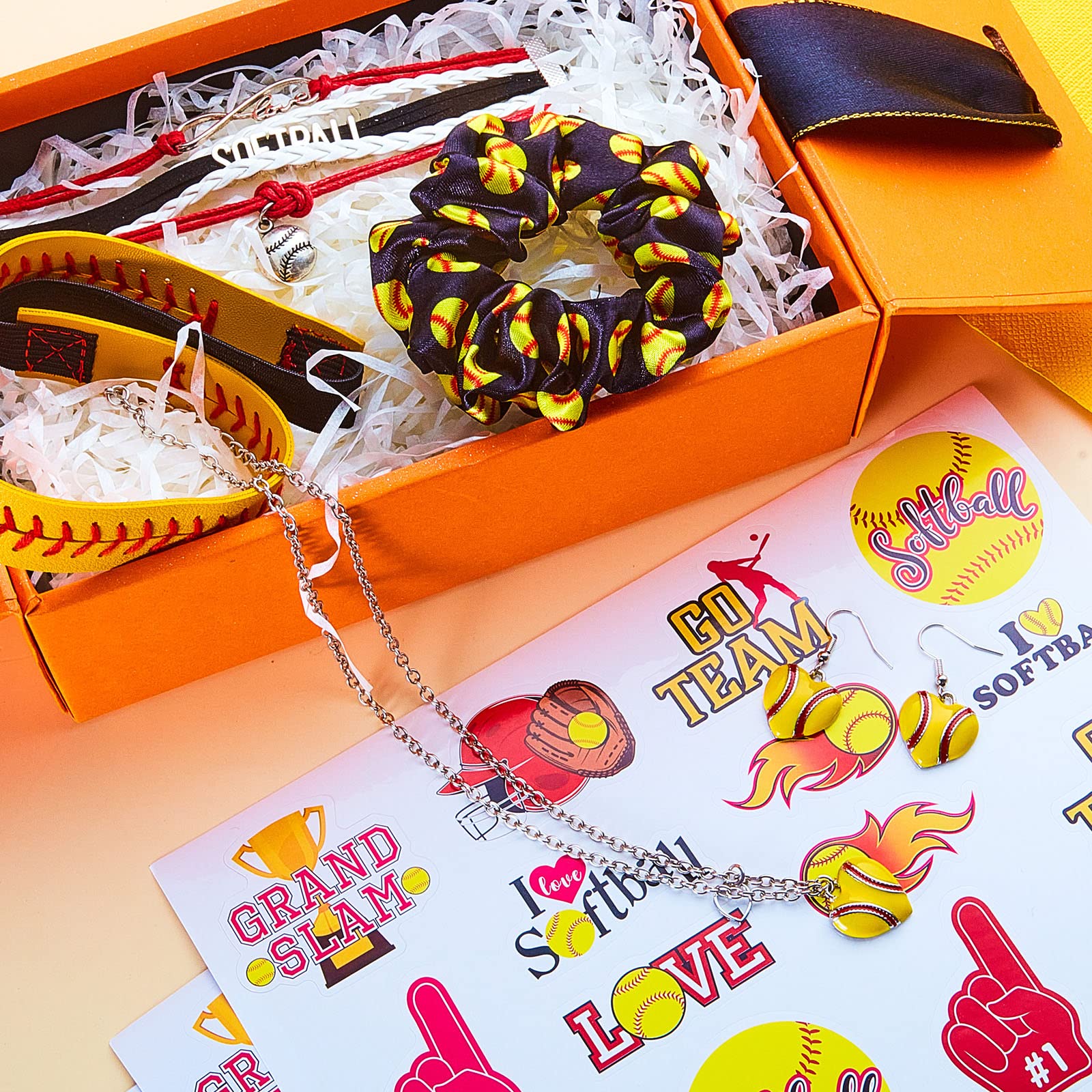 MTLEE 127 Pcs Softball Gifts for Girl Accessories Set Softball Headband Scrunchies Softball Bracelet Necklace Earrings Softball Drawstring Bag Makeup Bag Sports and 120 Pcs Stickers for Women Costume