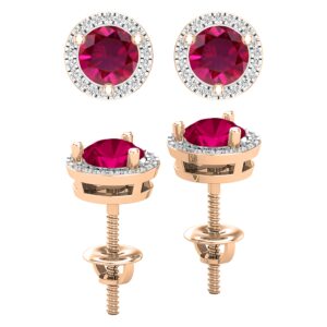 Dazzlingrock Collection 5mm Round Centre Lab Created Ruby & 0.12 Carat (ctw) Round White Diamond Halo Circle Stud Earrings for Women in 18K Rose Gold in Screw Back