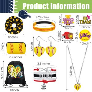 MTLEE 127 Pcs Softball Gifts for Girl Accessories Set Softball Headband Scrunchies Softball Bracelet Necklace Earrings Softball Drawstring Bag Makeup Bag Sports and 120 Pcs Stickers for Women Costume