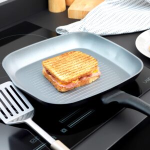 Russell Hobbs RH01861EU7 Griddle, Non-Stick Premium Design Induction Grill Pan, Metal Utensil Safe, Use Little to No Oil, Easy Clean, for Grilling Steak, Fish, Crystaltech Graphite Collection, 28 cm