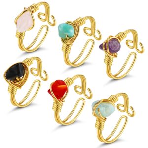 rnblm jewelry 6 pcs healing crystal ring for women irregular crystal gold wire wrapped ring gemstone carnelian rose quartz amethyst evil eye tiger eyes adjustable crystal ring set