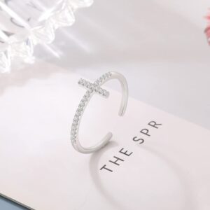 Rhinestone Cross 925 Sterling Silver Open Statement Rings for Women Crystal Faith Stackable Finger Band Promise Engagement Eternity Ring Wedding Band