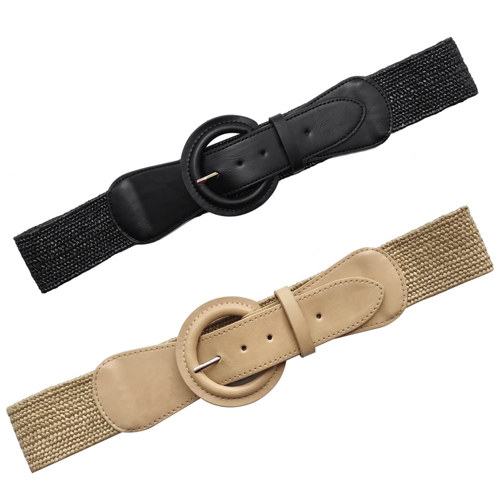 YUCFOREN Women Skinny Dress Belt, Elastic Stretch Waist Band Straw Woven Rattan Wood Buckle Belts (Type 8-Khaki, Fits Waist: 33"-36")