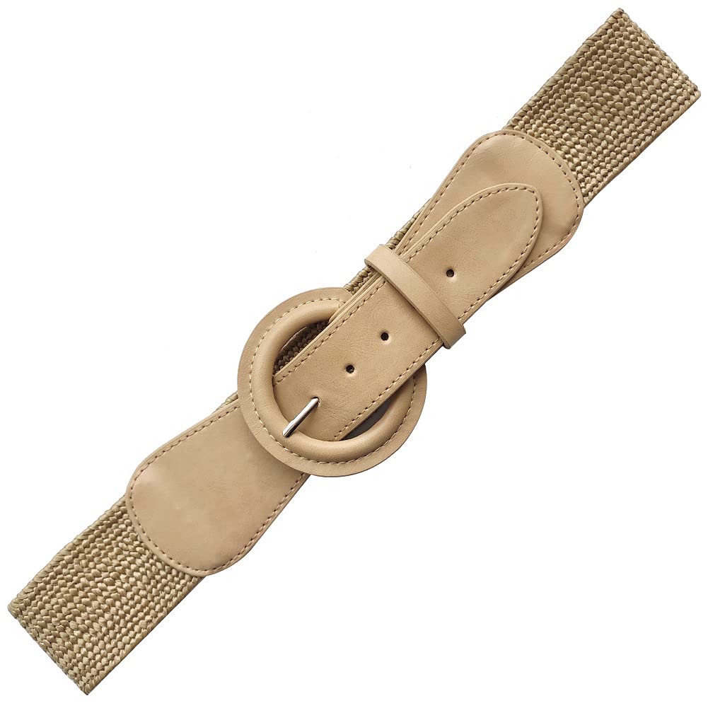 YUCFOREN Women Skinny Dress Belt, Elastic Stretch Waist Band Straw Woven Rattan Wood Buckle Belts (Type 8-Khaki, Fits Waist: 33"-36")