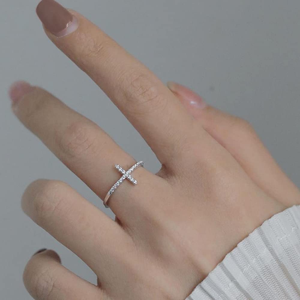 Rhinestone Cross 925 Sterling Silver Open Statement Rings for Women Crystal Faith Stackable Finger Band Promise Engagement Eternity Ring Wedding Band