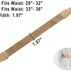 YUCFOREN Women Skinny Dress Belt, Elastic Stretch Waist Band Straw Woven Rattan Wood Buckle Belts (Type 8-Khaki, Fits Waist: 33"-36")