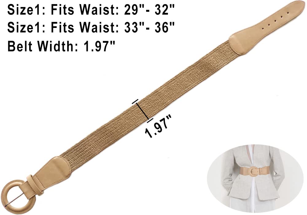 YUCFOREN Women Skinny Dress Belt, Elastic Stretch Waist Band Straw Woven Rattan Wood Buckle Belts (Type 8-Khaki, Fits Waist: 33"-36")