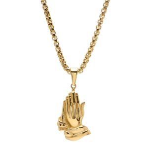 Steeltime 18K Gold Plated Stainless Steel Praying Hands Pendant with 24" Inch Box Chain Necklace | Serenity prayer necklace | Religious Necklace for Men & Women | Gold