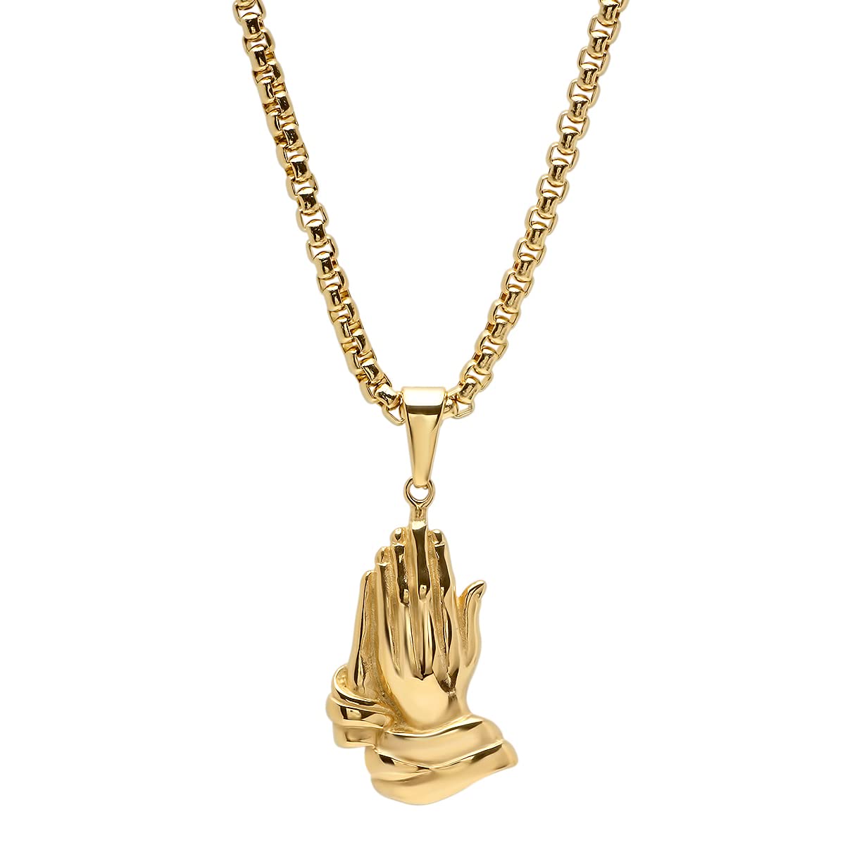 Steeltime 18K Gold Plated Stainless Steel Praying Hands Pendant with 24" Inch Box Chain Necklace | Serenity prayer necklace | Religious Necklace for Men & Women | Gold