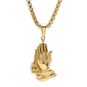 steeltime 18k gold plated stainless steel praying hands pendant with 24" inch box chain necklace | serenity prayer necklace | religious necklace for men & women | gold