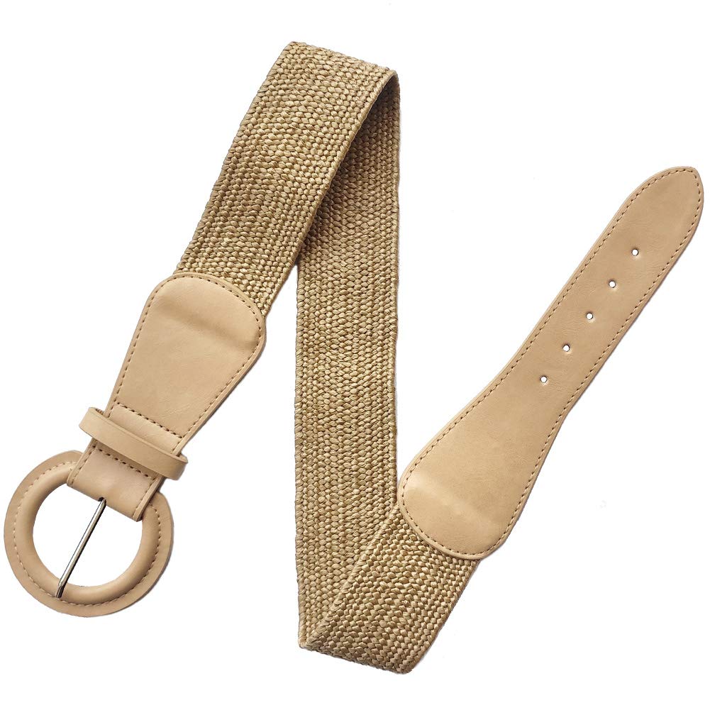 YUCFOREN Women Skinny Dress Belt, Elastic Stretch Waist Band Straw Woven Rattan Wood Buckle Belts (Type 8-Khaki, Fits Waist: 33"-36")