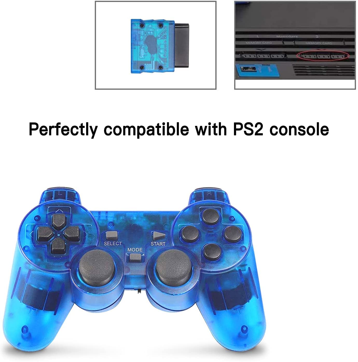 Rzzhgzq PS2 Wireless Controller 2.4G Play Station 2 Gamepad 2 Pack Dual Vibration Compatible with Sony Play -station 2 Console (ClearBlue +ClearRed)