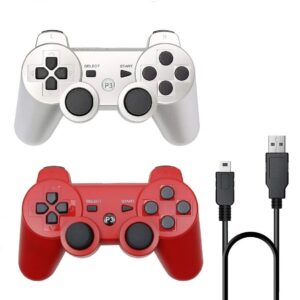 rzzhgzq 2 pack ps3 wireless controller playstation 3 controller wireless bluetooth gamepad with usb charger cable for ps3 console (silver+red)