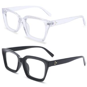 nulooq fashion vintage square non-prescription clear lens glasses for women men, thick frame fake eyeglasses (black + transparent) - 2 pack