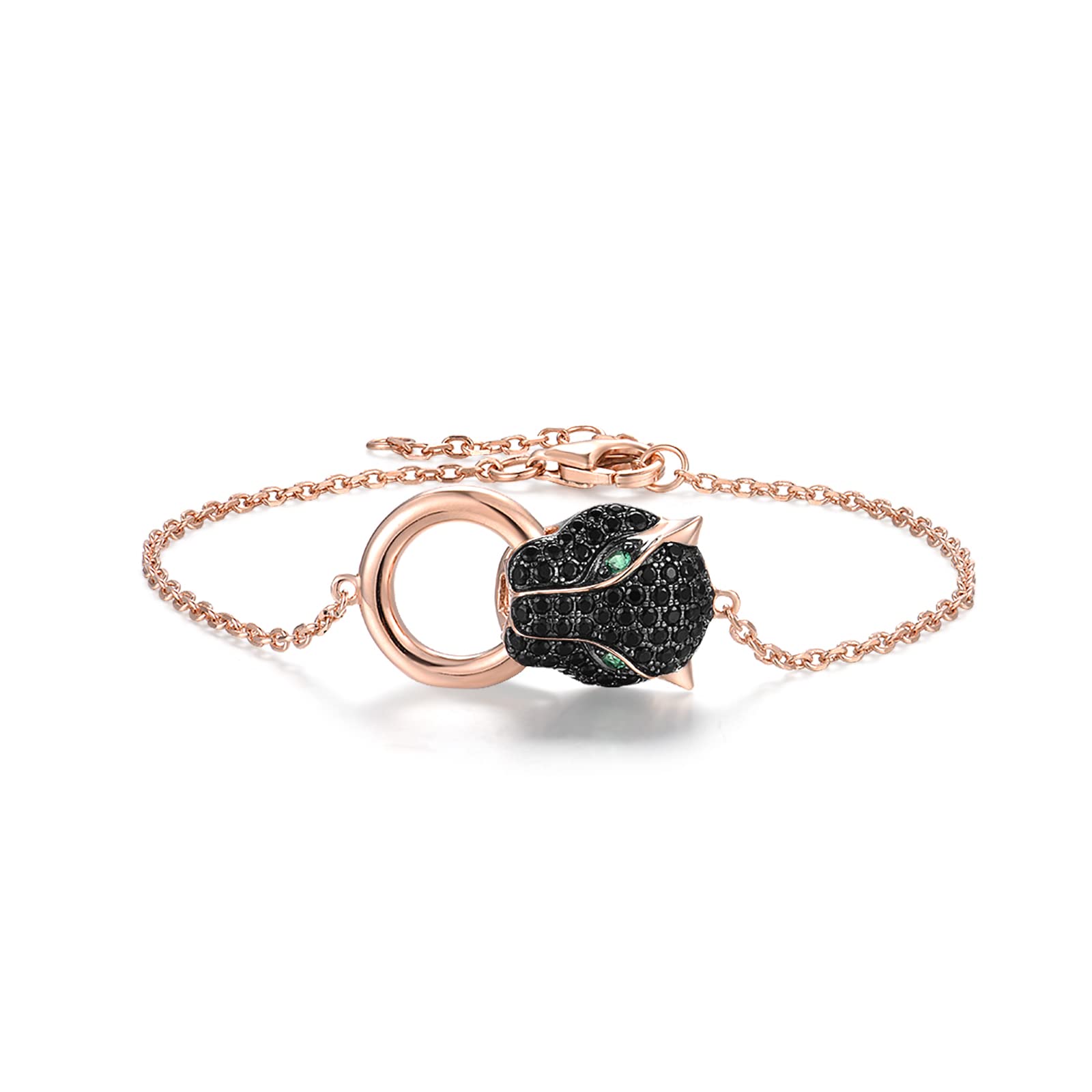 Santuzza 925 Sterling Silver Panther Bracelet Black Spinel 14K Rose Gold Plated Leopard Jaguar Bracelets for Women