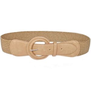 yucforen women skinny dress belt, elastic stretch waist band straw woven rattan wood buckle belts (type 8-khaki, fits waist: 33"-36")