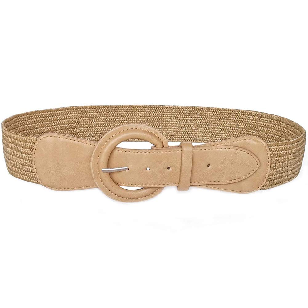 YUCFOREN Women Skinny Dress Belt, Elastic Stretch Waist Band Straw Woven Rattan Wood Buckle Belts (Type 8-Khaki, Fits Waist: 33"-36")