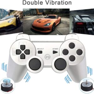 Rzzhgzq 2 Pack PS3 Wireless Controller Playstation 3 Controller Wireless Bluetooth Gamepad with USB Charger Cable for PS3 Console (SILVER+RED)