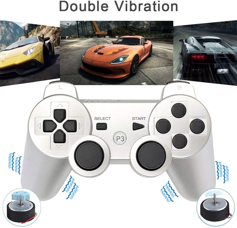 Rzzhgzq 2 Pack PS3 Wireless Controller Playstation 3 Controller Wireless Bluetooth Gamepad with USB Charger Cable for PS3 Console (SILVER+RED)