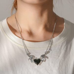 KURTCB Gothic Heart Wing Necklace Demon Horn Black Kpop Punk Vintage EMO Pendant Chain Necklace for Women (Black)