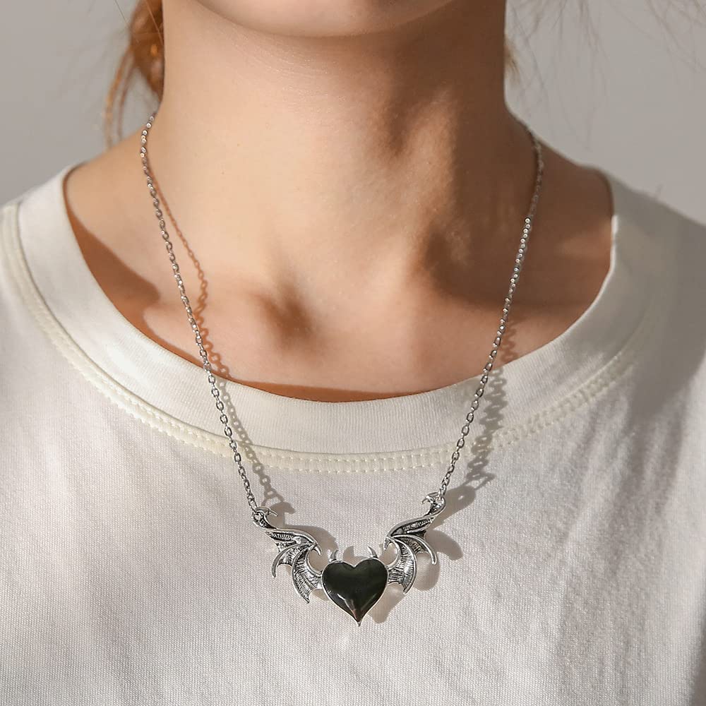 KURTCB Gothic Heart Wing Necklace Demon Horn Black Kpop Punk Vintage EMO Pendant Chain Necklace for Women (Black)