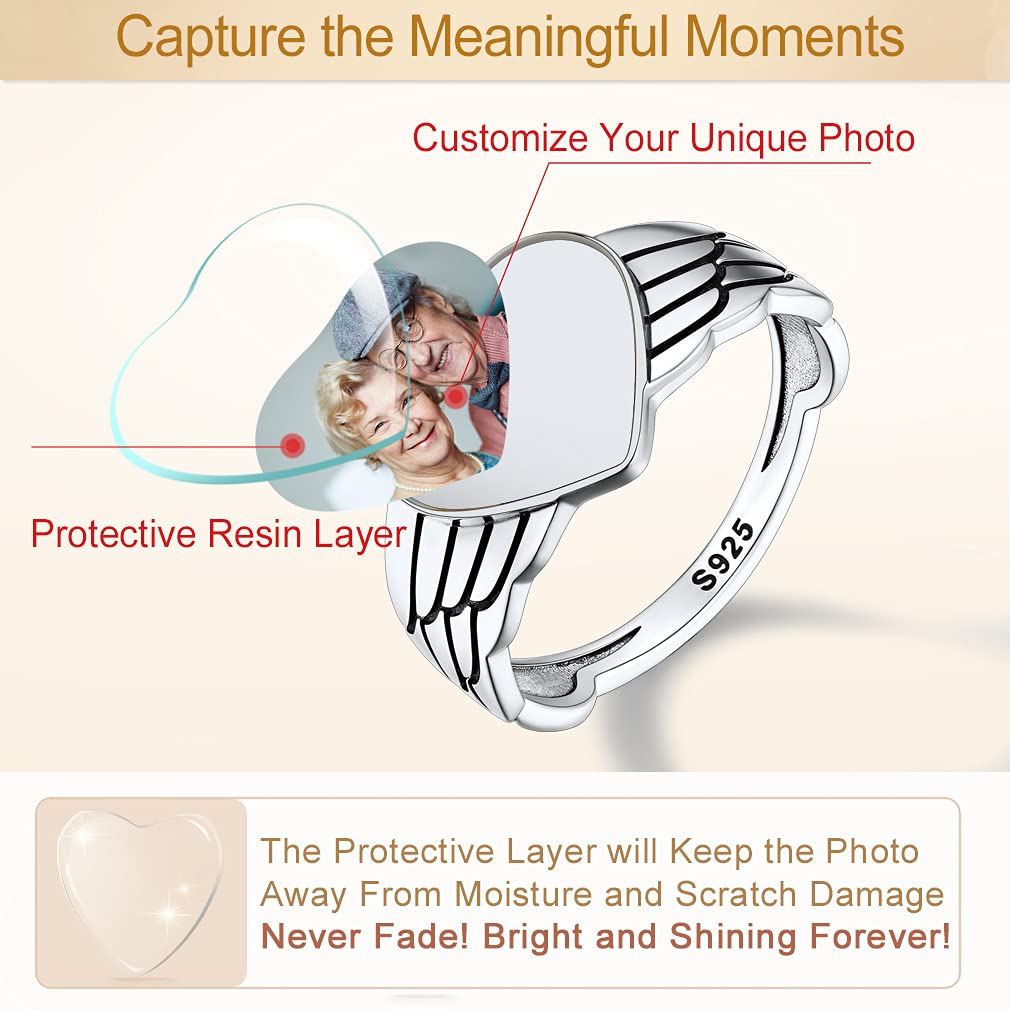 Memory Rings Personalized with Picture Custom Made 925 Sterling Silver Heart Shaped Photo Ring Memorial Jewelry Gift for Women