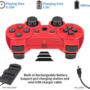 Rzzhgzq 2 Pack PS3 Wireless Controller Playstation 3 Controller Wireless Bluetooth Gamepad with USB Charger Cable for PS3 Console (SILVER+RED)