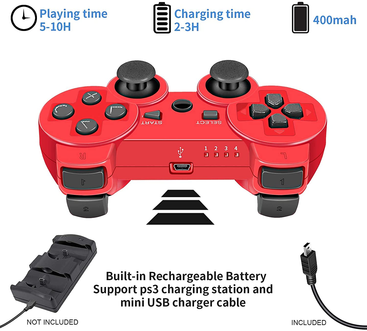 Rzzhgzq 2 Pack PS3 Wireless Controller Playstation 3 Controller Wireless Bluetooth Gamepad with USB Charger Cable for PS3 Console (SILVER+RED)