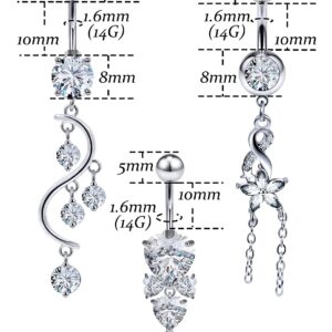 Vsnnsns 14G Belly Button Rings for Women Stainless Steel CZ Opal Long Dangle Belly Button Piercing Jewelry Belly Rings Bars Curved Navel Ring Barbell Body Jewelry Piercing for Women Men Silver 8Pcs