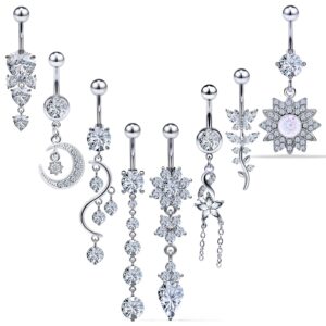 vsnnsns 14g belly button rings for women stainless steel cz opal long dangle belly button piercing jewelry belly rings bars curved navel ring barbell body jewelry piercing for women men silver 8pcs