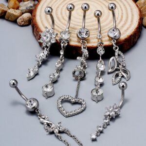 Vsnnsns Belly Button Rings, 7Pcs 14G Stainless Steel CZ Opal Long Dangle Piercing Jewelry for Women Men, Silver