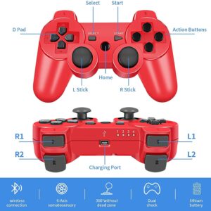 Rzzhgzq 2 Pack PS3 Wireless Controller Playstation 3 Controller Wireless Bluetooth Gamepad with USB Charger Cable for PS3 Console (SILVER+RED)