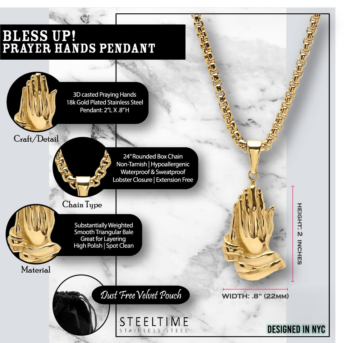 Steeltime 18K Gold Plated Stainless Steel Praying Hands Pendant with 24" Inch Box Chain Necklace | Serenity prayer necklace | Religious Necklace for Men & Women | Gold