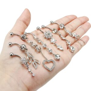 Vsnnsns Belly Button Rings, 7Pcs 14G Stainless Steel CZ Opal Long Dangle Piercing Jewelry for Women Men, Silver